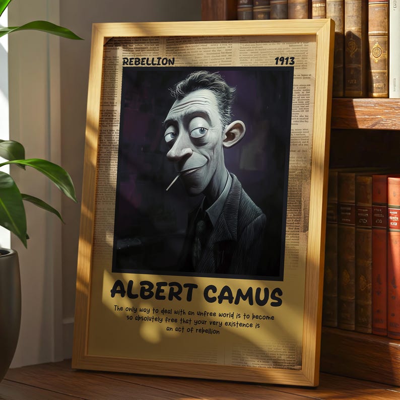 Albert Camus Poster | Vintage Cartoon Philosophy Print - Trippy Quote ...