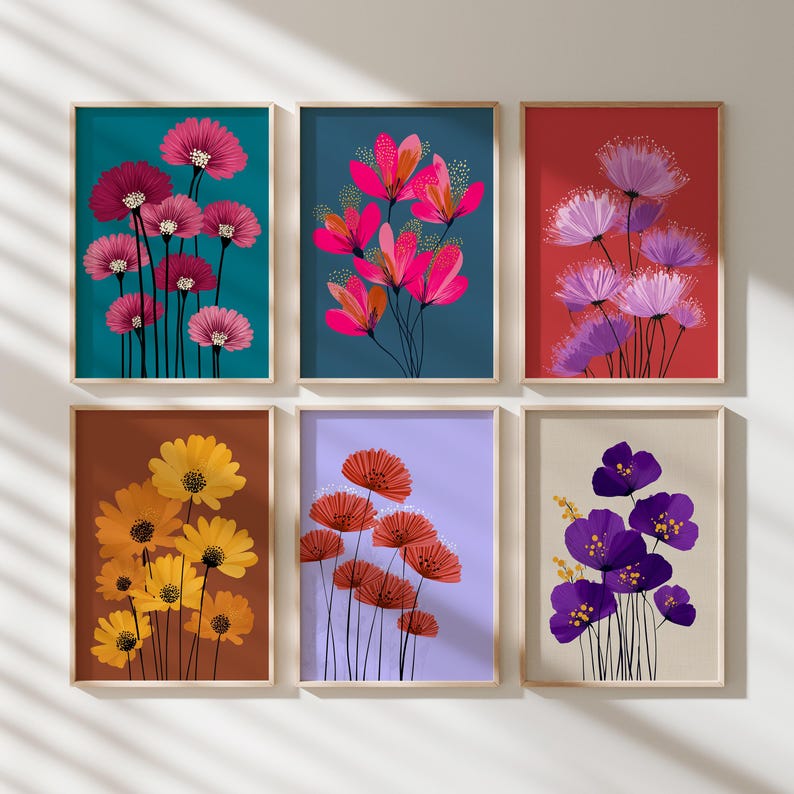 Mid-century Floral Print Set of 50: Retro Botanical Modern Gallery Wall ...