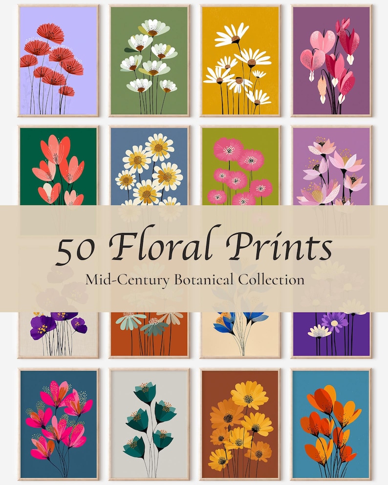 Mid-century Floral Print Set of 50: Retro Botanical Modern Gallery Wall ...