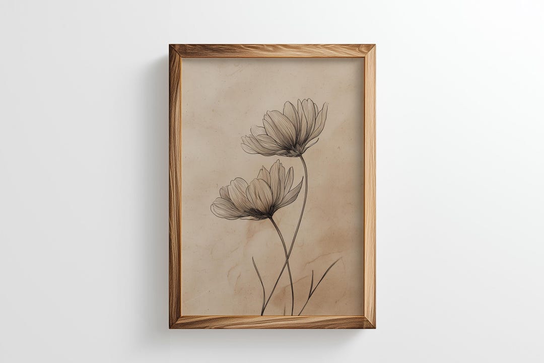 Cosmos Flower Sketch Print: Minimalist Leaf Wall Art (PRINTABLE Digital ...