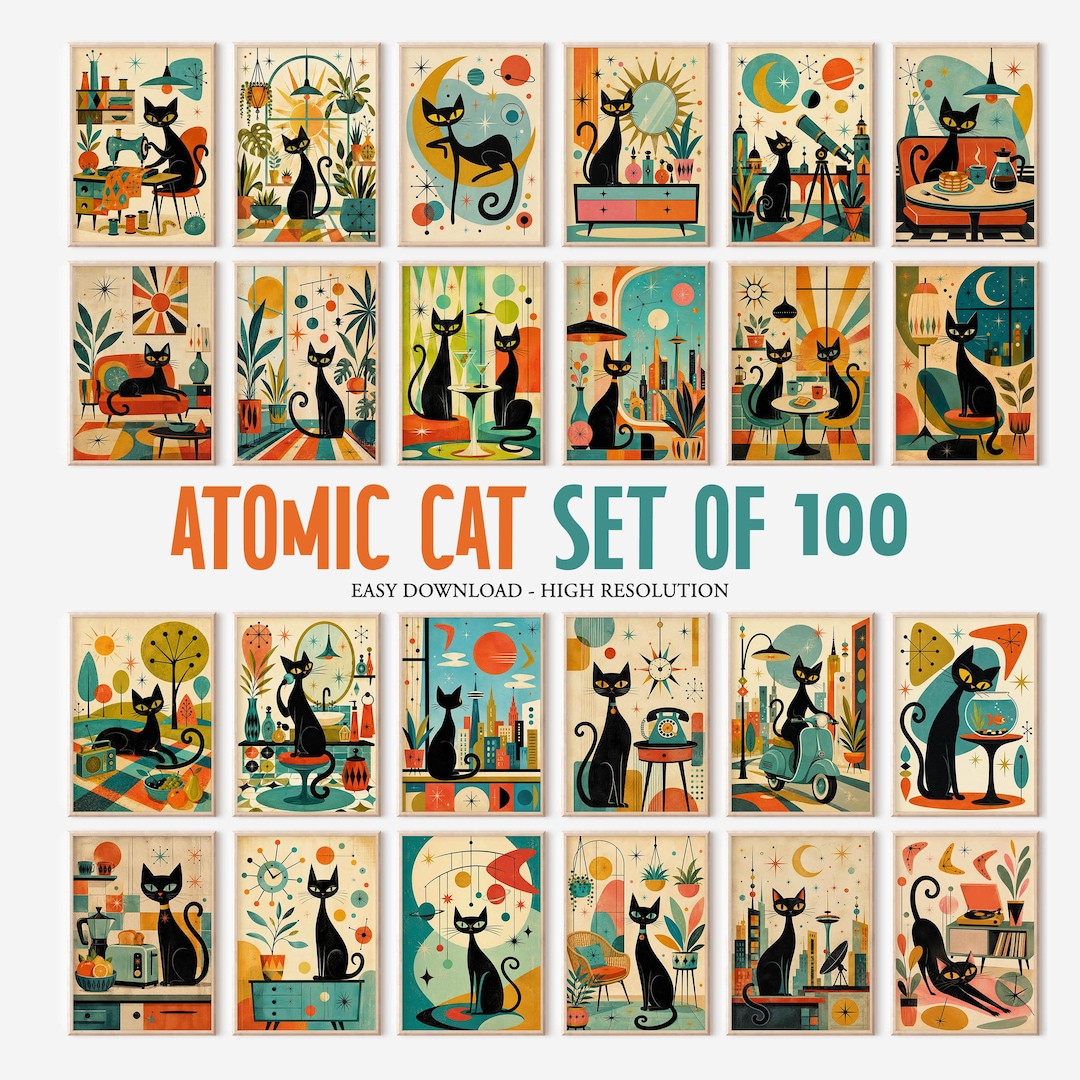 Atomic Cat Print Set of 100+: Mid-century Modern Gallery Wall Art ...