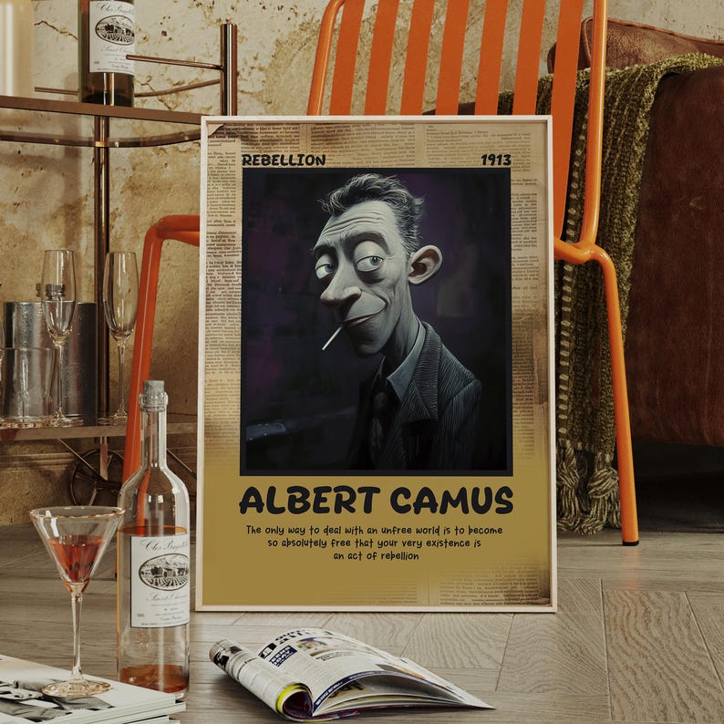 Albert Camus Poster | Vintage Cartoon Philosophy Print - Trippy Quote ...