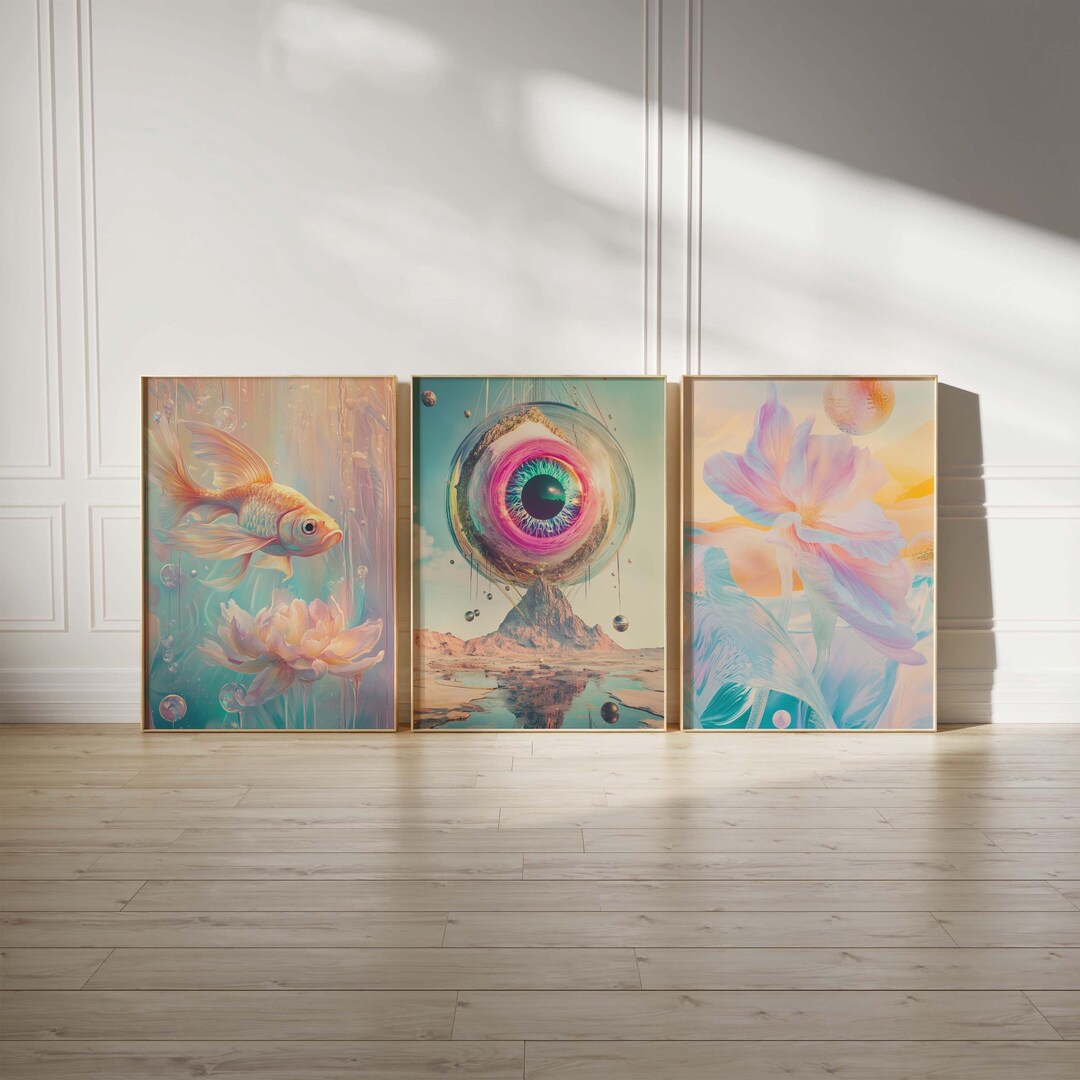 Surreal Art Print Set: Dreamlike Koi Fish, Cosmic Eye, Floral Bloom ...