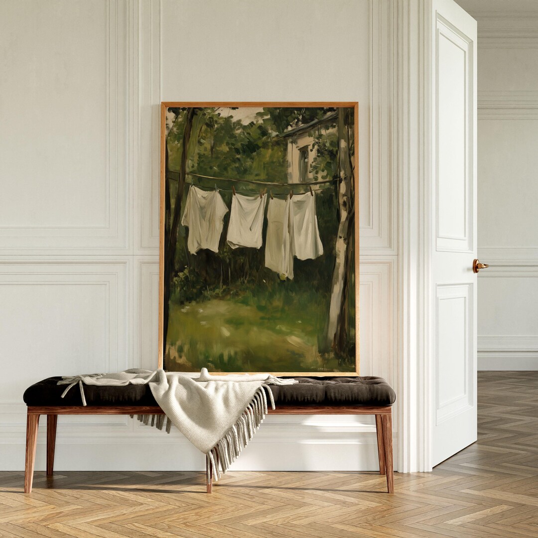 Vintage Laundry Line Art Print - Oil Painting | Countryside Clothesline ...