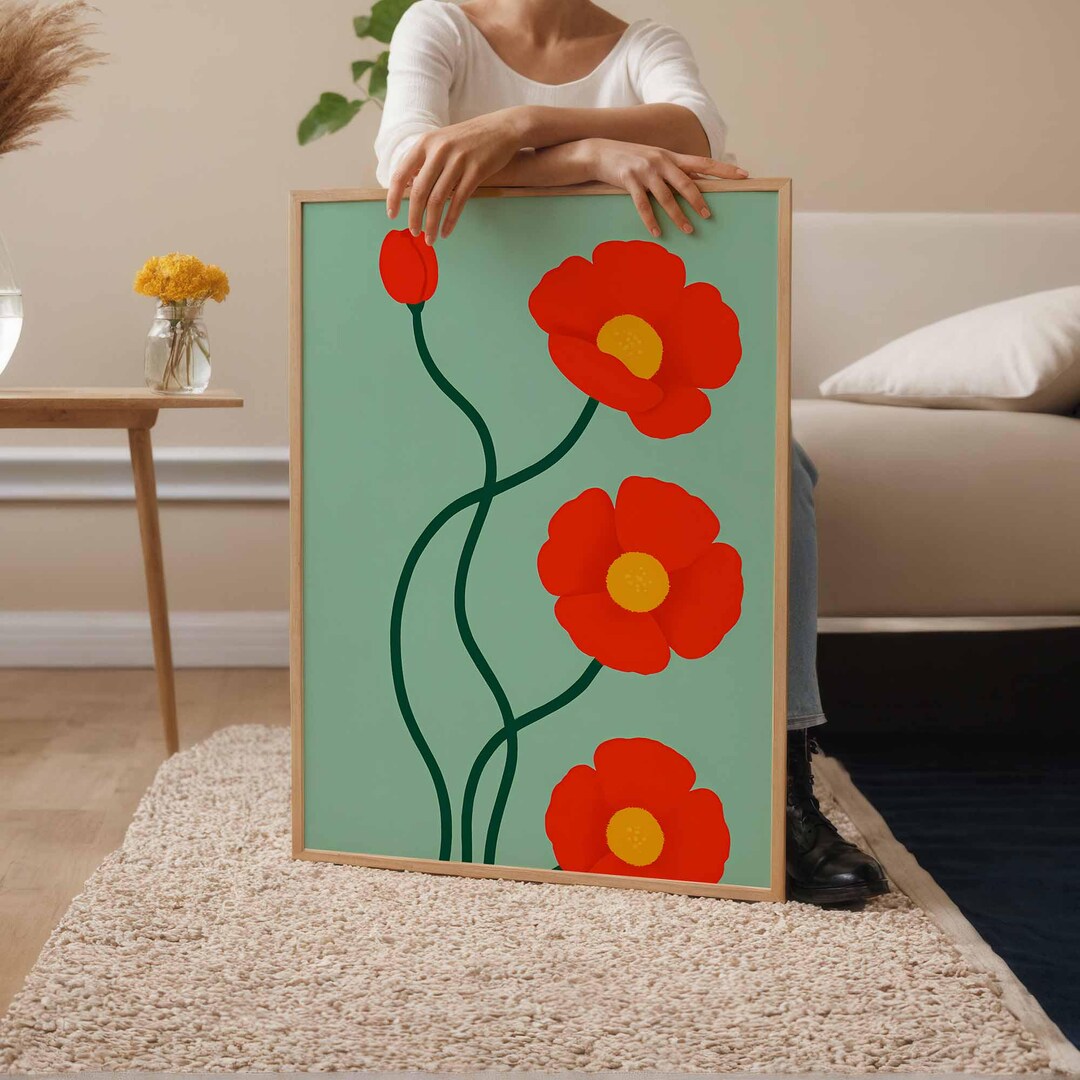 Red Poppy Printable Wall Art, Minimalist Flower Digital Download ...