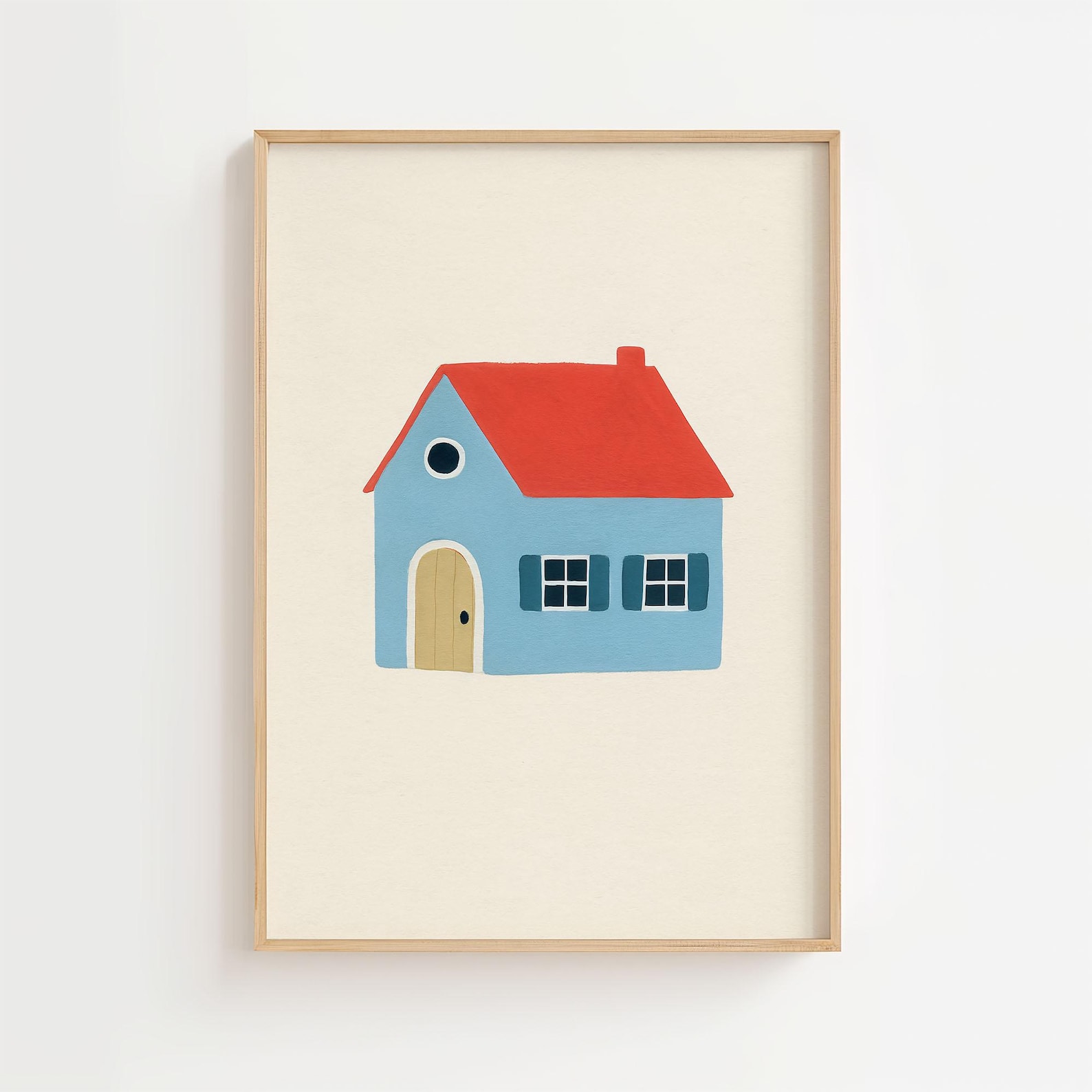 Minimalist Blue House Wall Art, Red Roof Illustration Poster, Modern ...