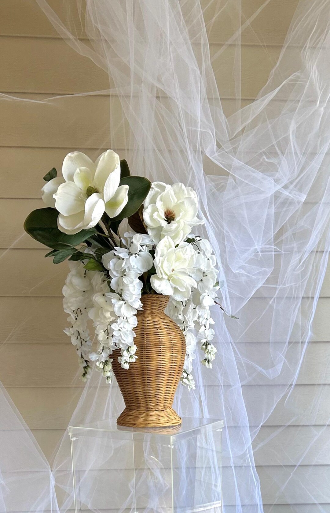 Wicker Urn and White Magnolia and Wisteria Large Faux Flower Wedding ...