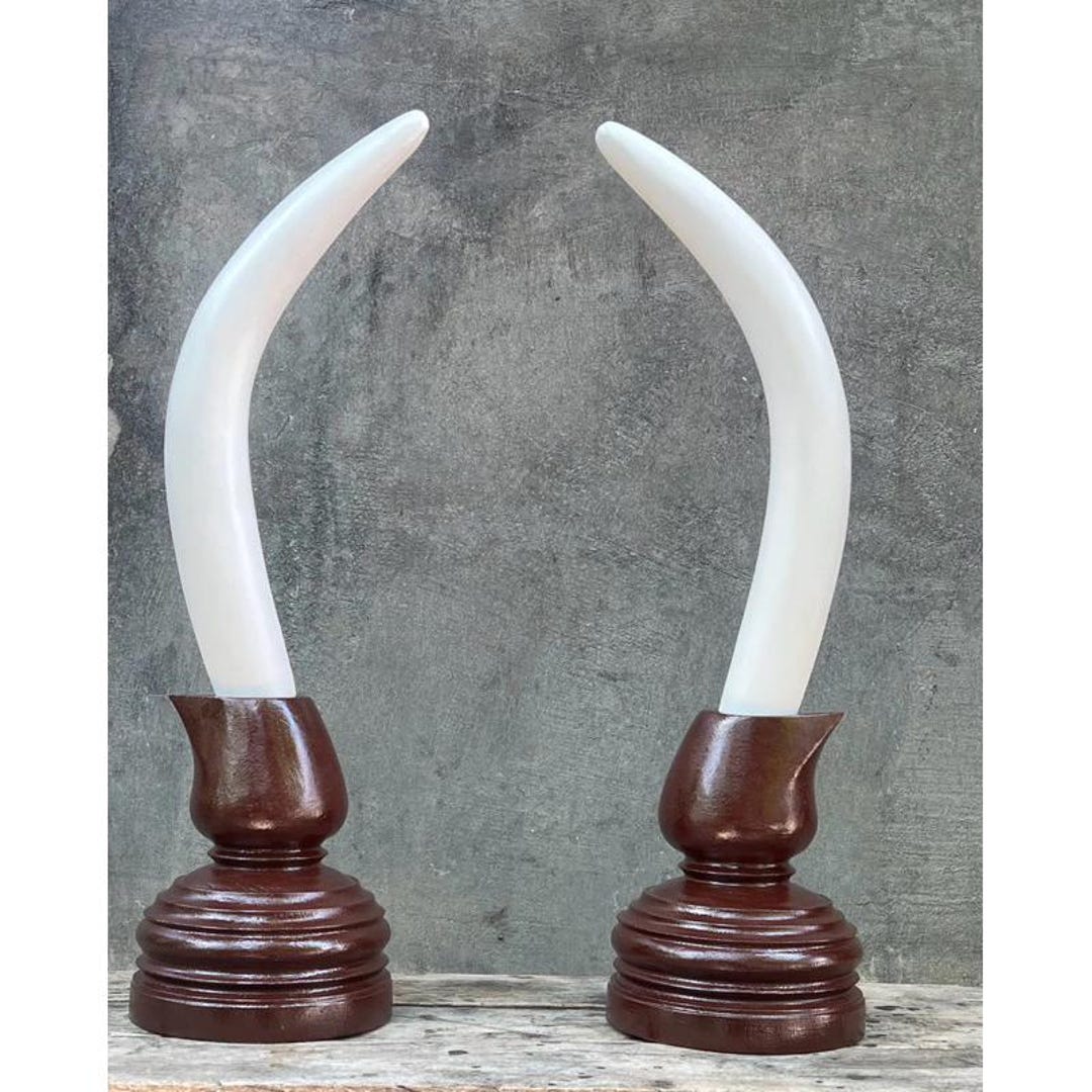 Wooden Elephant Tusk Pair With Base Thai Handmade Carved Wood Decor ...