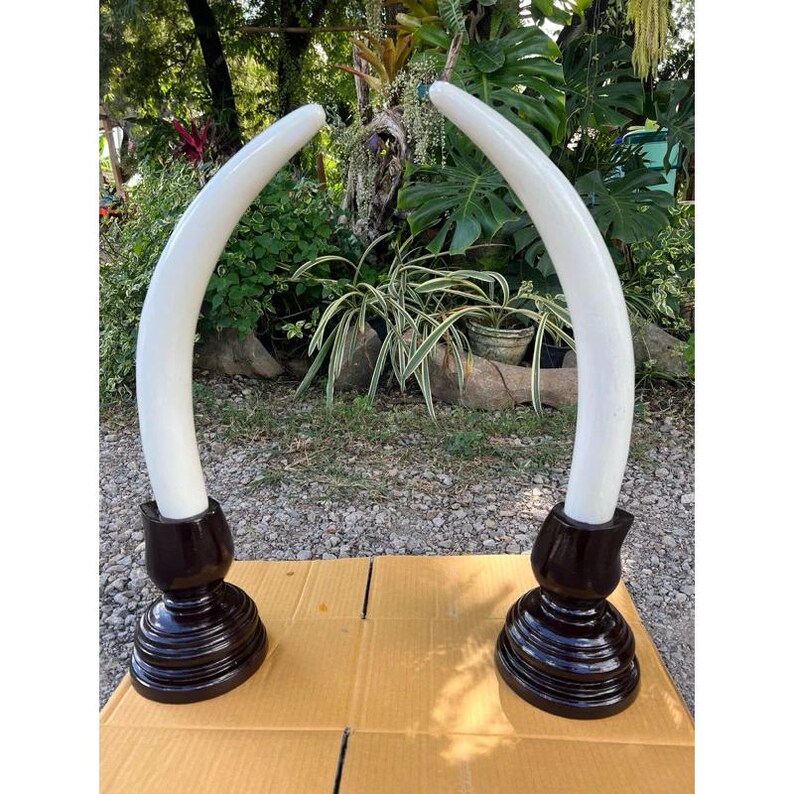 Wooden Elephant Tusk Pair With Base Thai Handmade Carved Wood Decor ...