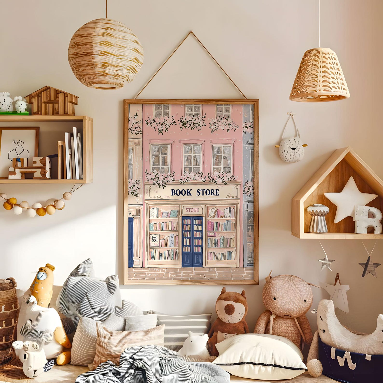 Bookstore Nursery Print – Cottagecore Illustration, Pink Pastel Wall ...