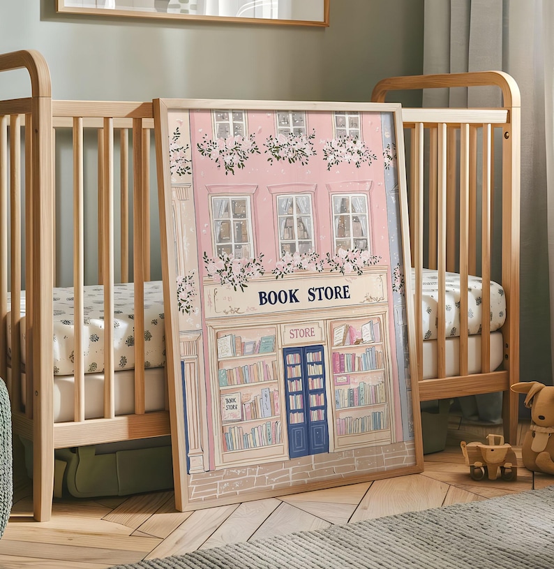 Bookstore Nursery Print – Cottagecore Illustration, Pink Pastel Wall ...
