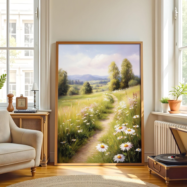 Sunny Meadow Path Wall Art, Cottagecore Daisy Landscape Print, Rustic ...