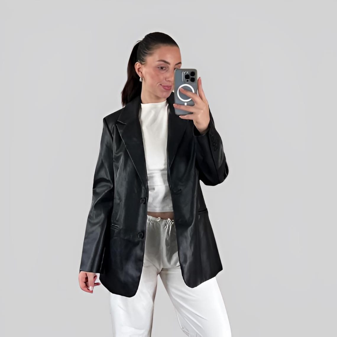 1980s Vintage Style Black Genuine Leather Blazer for Women – Oversized ...
