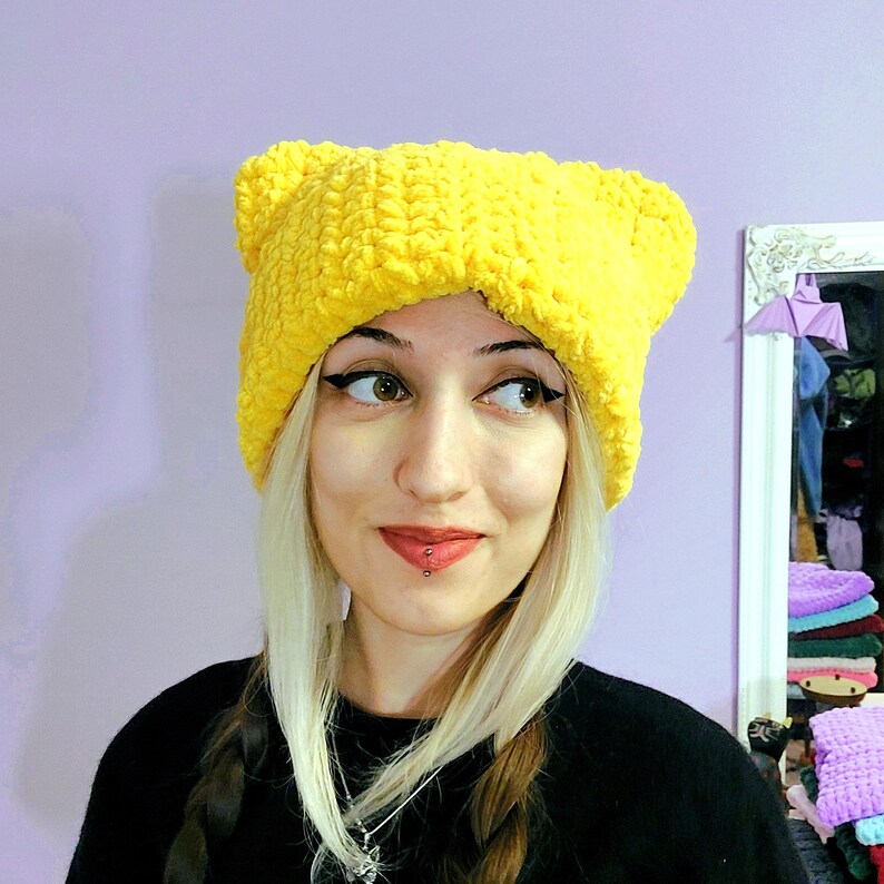 Yellow Fluffy Crochet Cat Hat, Custom Colors, Handmade, Soft Chunky ...