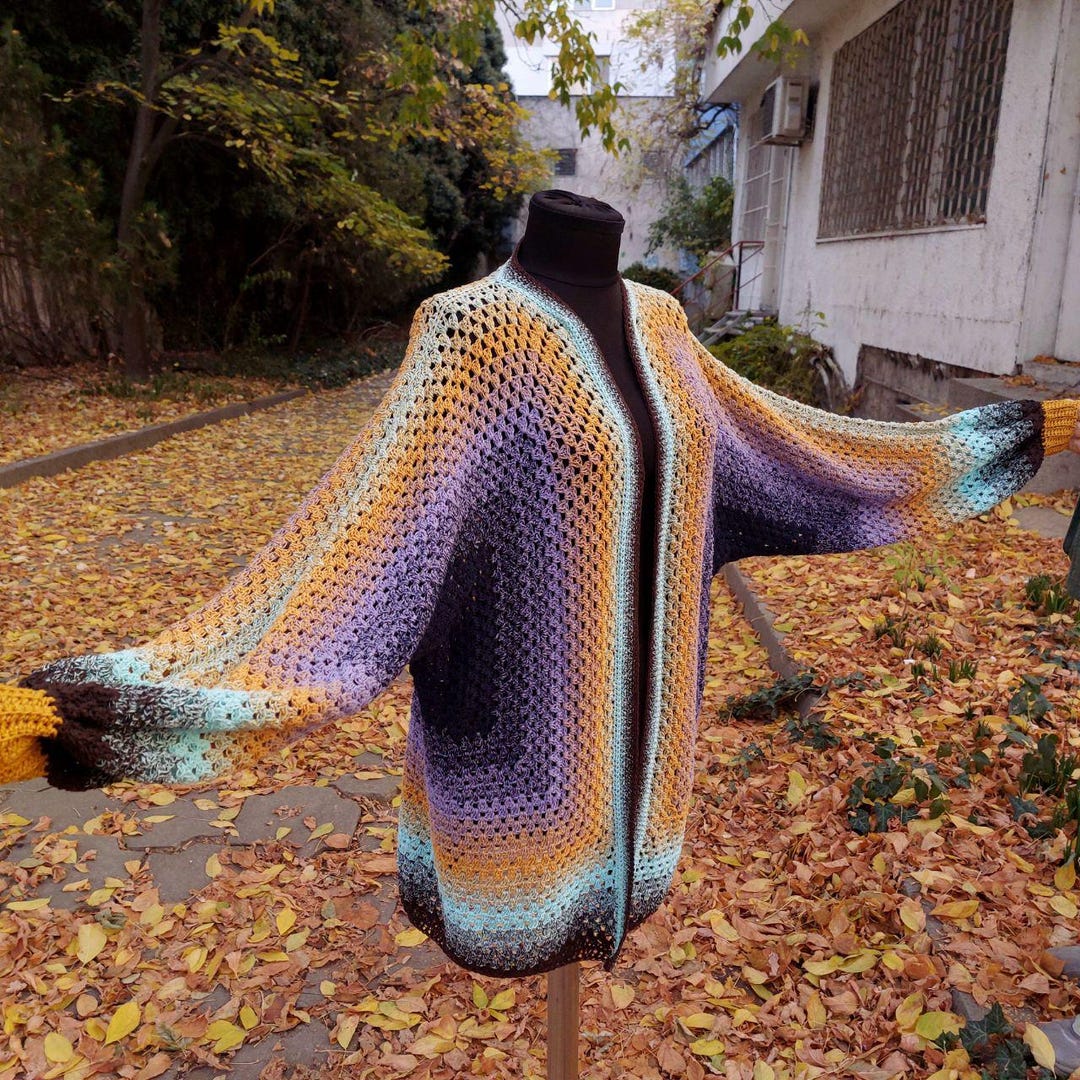Oversize Hexagon Crochet Cardigan, Colorful Ombre Gradient Hexicardigan ...