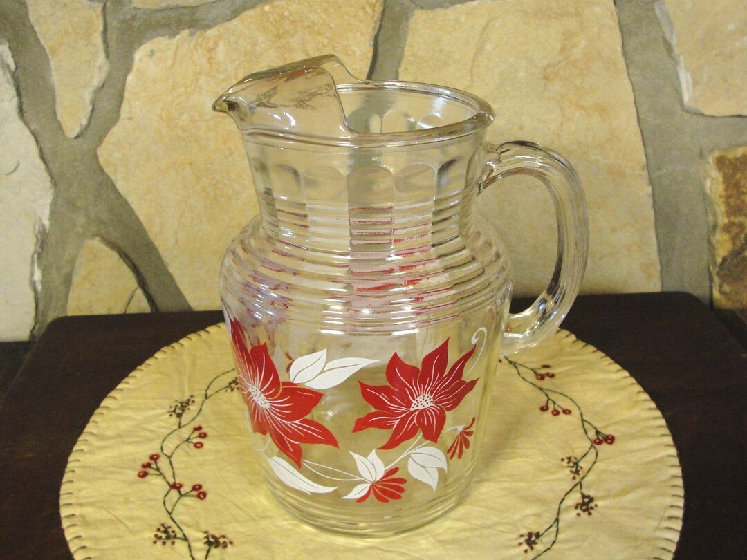 Vintage Glass Water Pitcher - 2.5 Quart, Red, White Floral on Clear ...