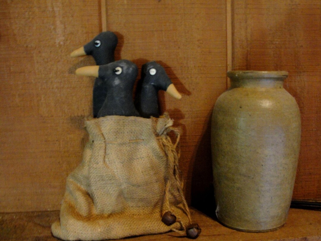 3 Primitive Black Crows in Burlap Bag - Black Birds, Rusty Jingle Bell ...