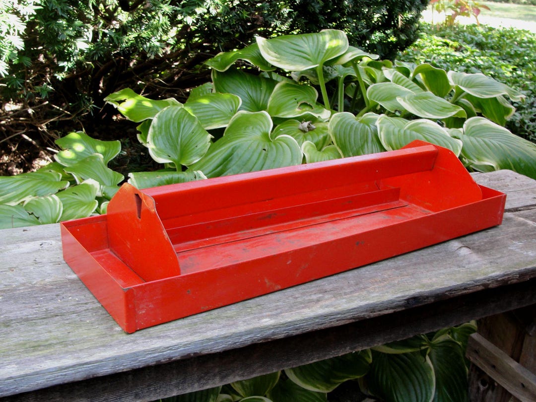 Red Metal Toolbox Tray With Handle - Vintage Industrial Organizer Caddy ...