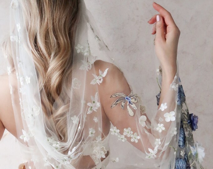 Blue Wildflower Veil, 3d Flower Veil, Embroidered Floral Veil, Boho ...