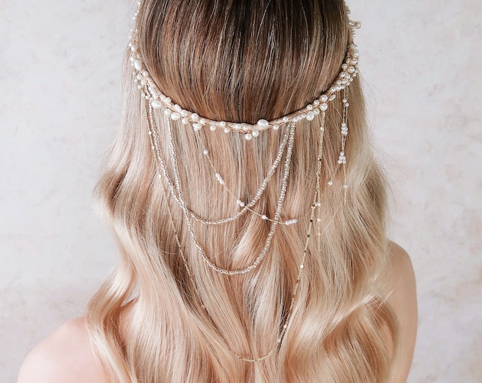 Bridal Halo, Angelic Crown, White Pearl Circlet, Beaded Wedding ...