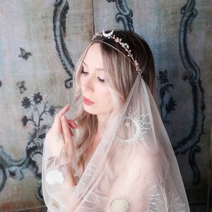 Crescent Moon Crown With Veil, Celestial Moon Tiara, Embroidered ...