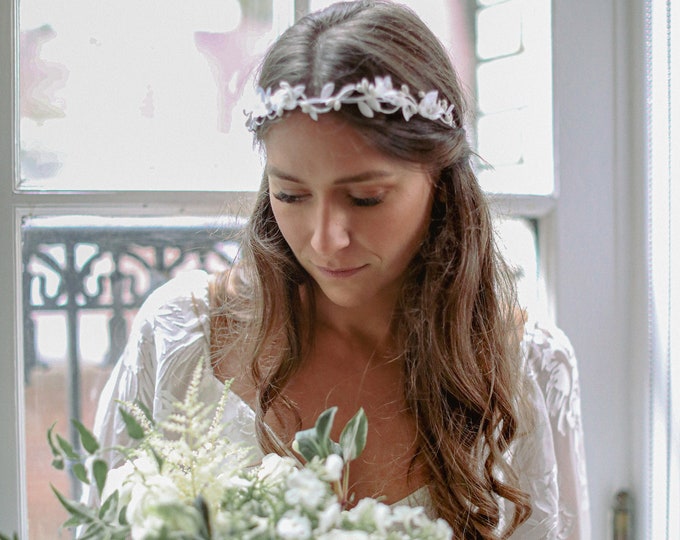 White Flower Crown, Dainty Crown, Bridal Leaf Headband, Whimsical ...