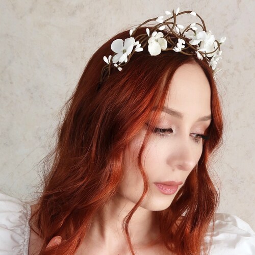Woodland Bridal Hair Wreath White Flower Crown Floral Etsy