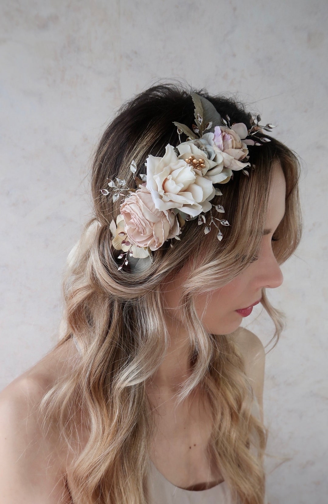 Bridal Flower Crown, Cream Floral Headpiece, Vintage Flower Headband ...