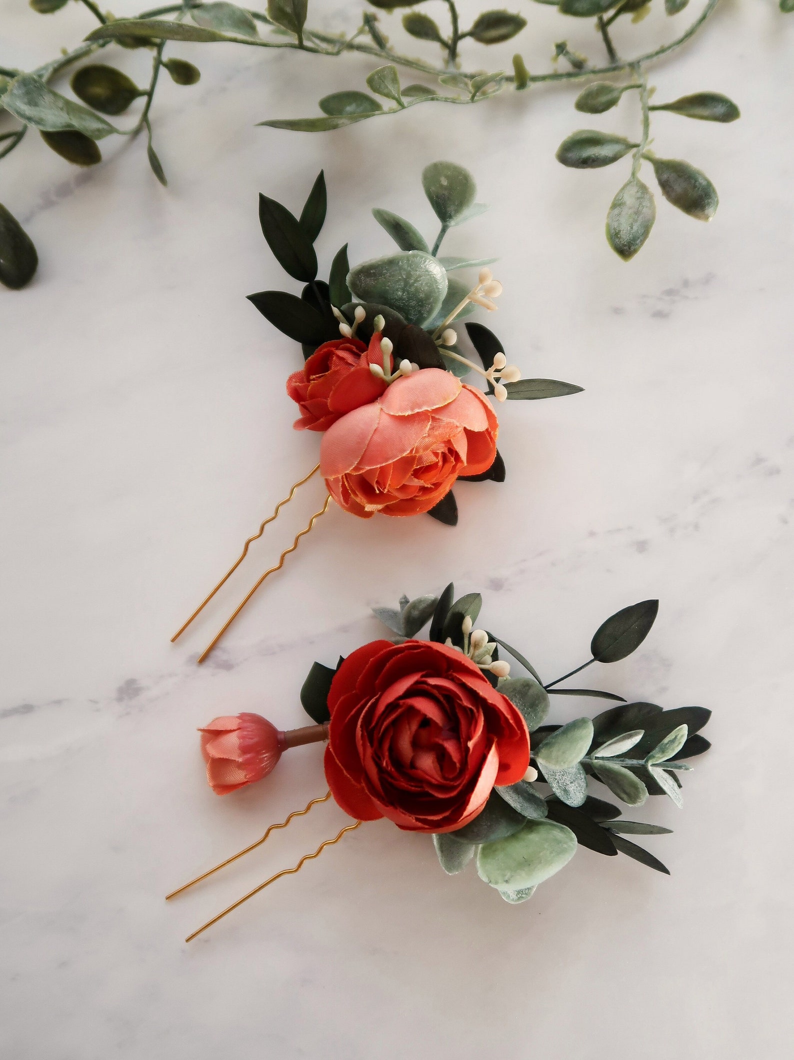 Burnt Orange Flower Hair Pins, Eucalyptus Bridal Hair Piece, Coral Pink ...