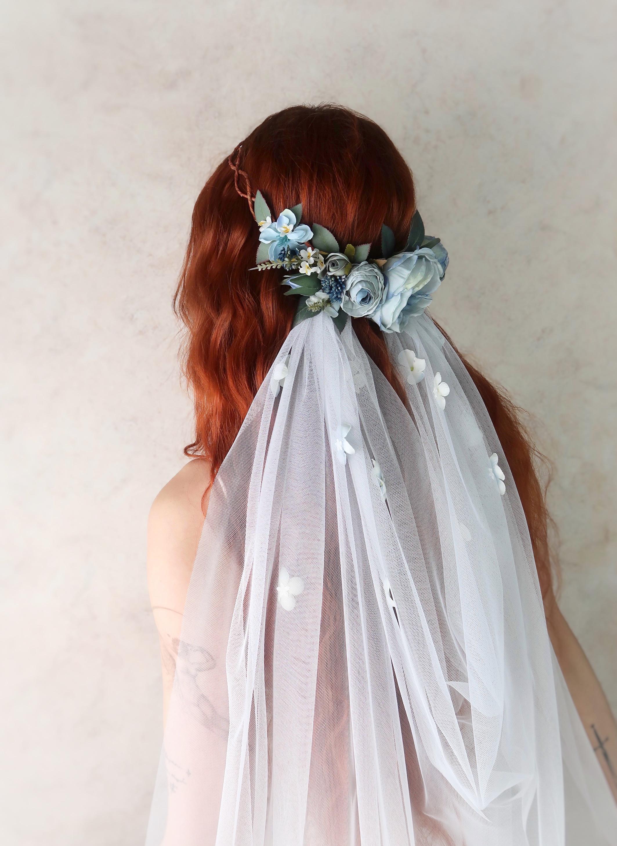 Bridal Flower Crown Veil, Blue Floral Veil, Cathedral Length Veil ...