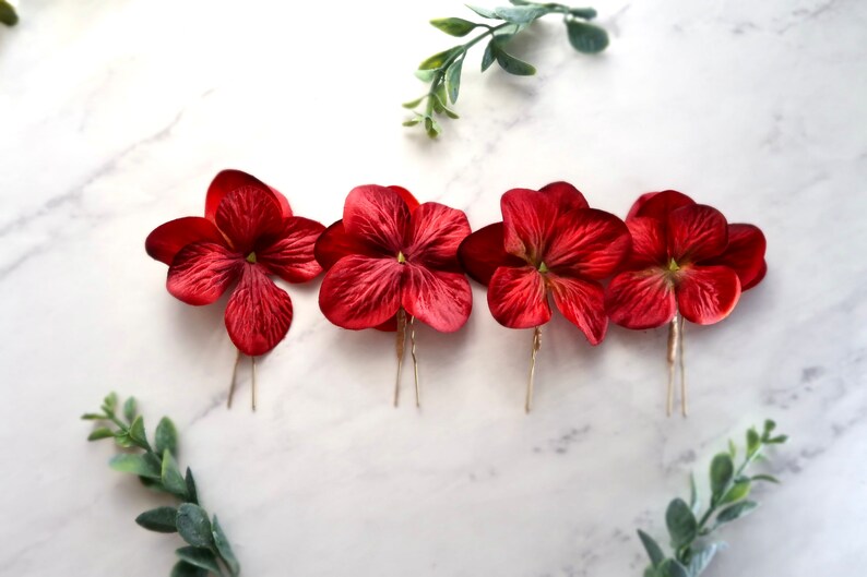 Crimson Red Floral Hair Pins Scarlet Hydrangea Hair Clips - Etsy
