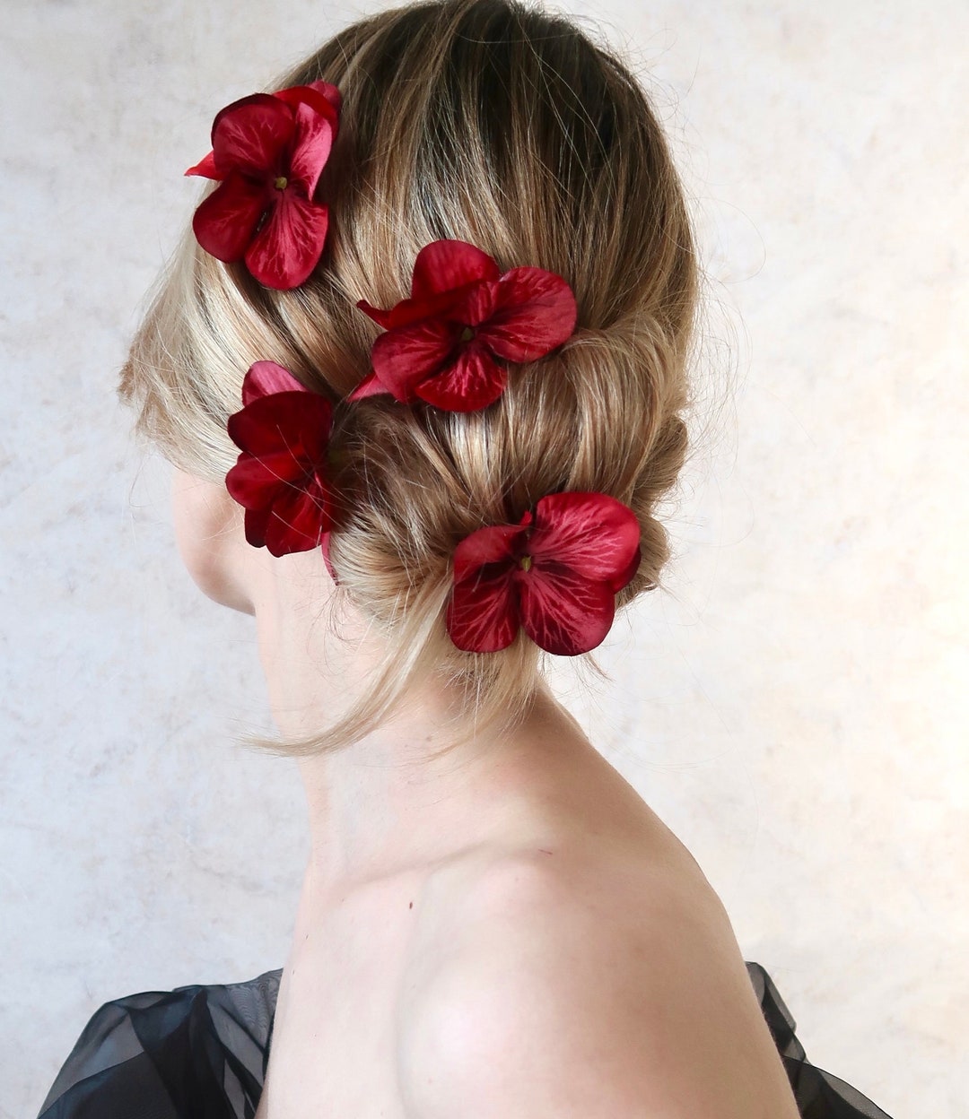 Crimson Red Floral Hair Pins, Scarlet Hydrangea Hair Clips, Flower Hair ...
