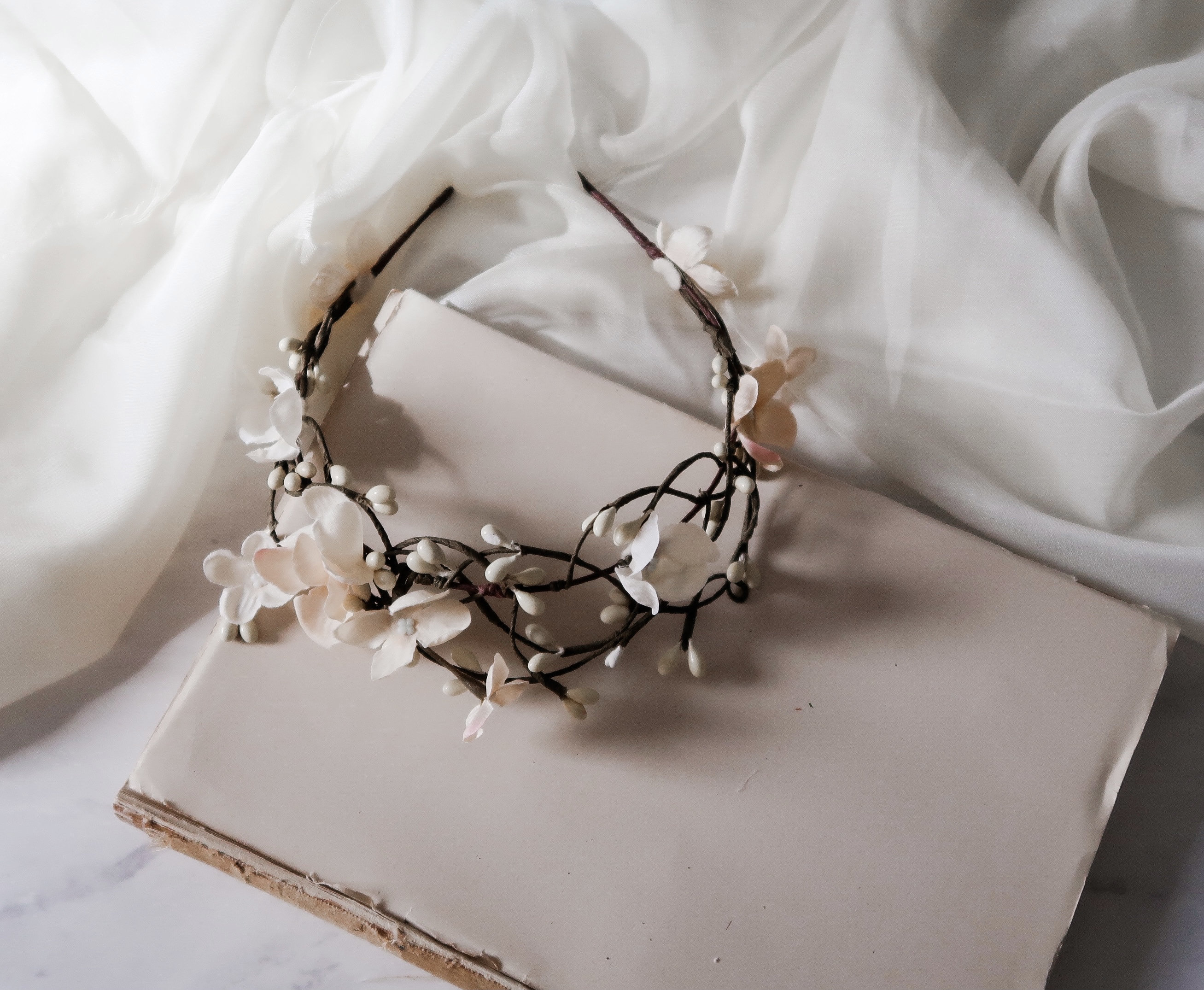 Beige Bridal Floral Crown, Rustic Twig Headpiece, Unique Branch ...