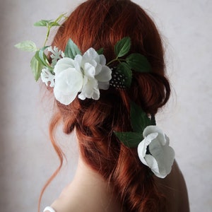 Imogen - White Flower Hair Pins, Floral Hair Vines, Poppies, Leafy Hair ...