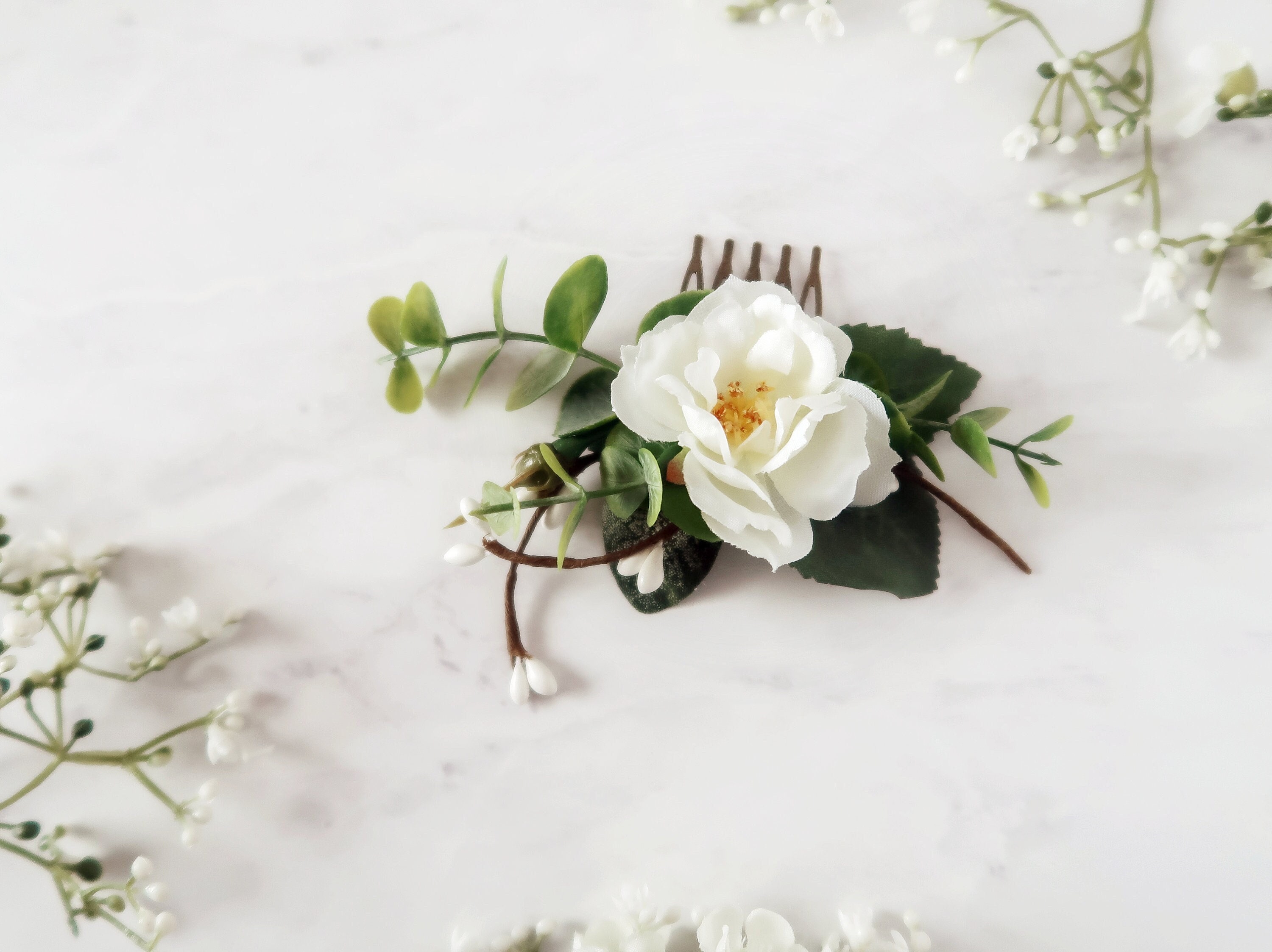 Eucalyptus Bridal Flower Comb, White Rose Wedding Comb, Greenery Floral ...