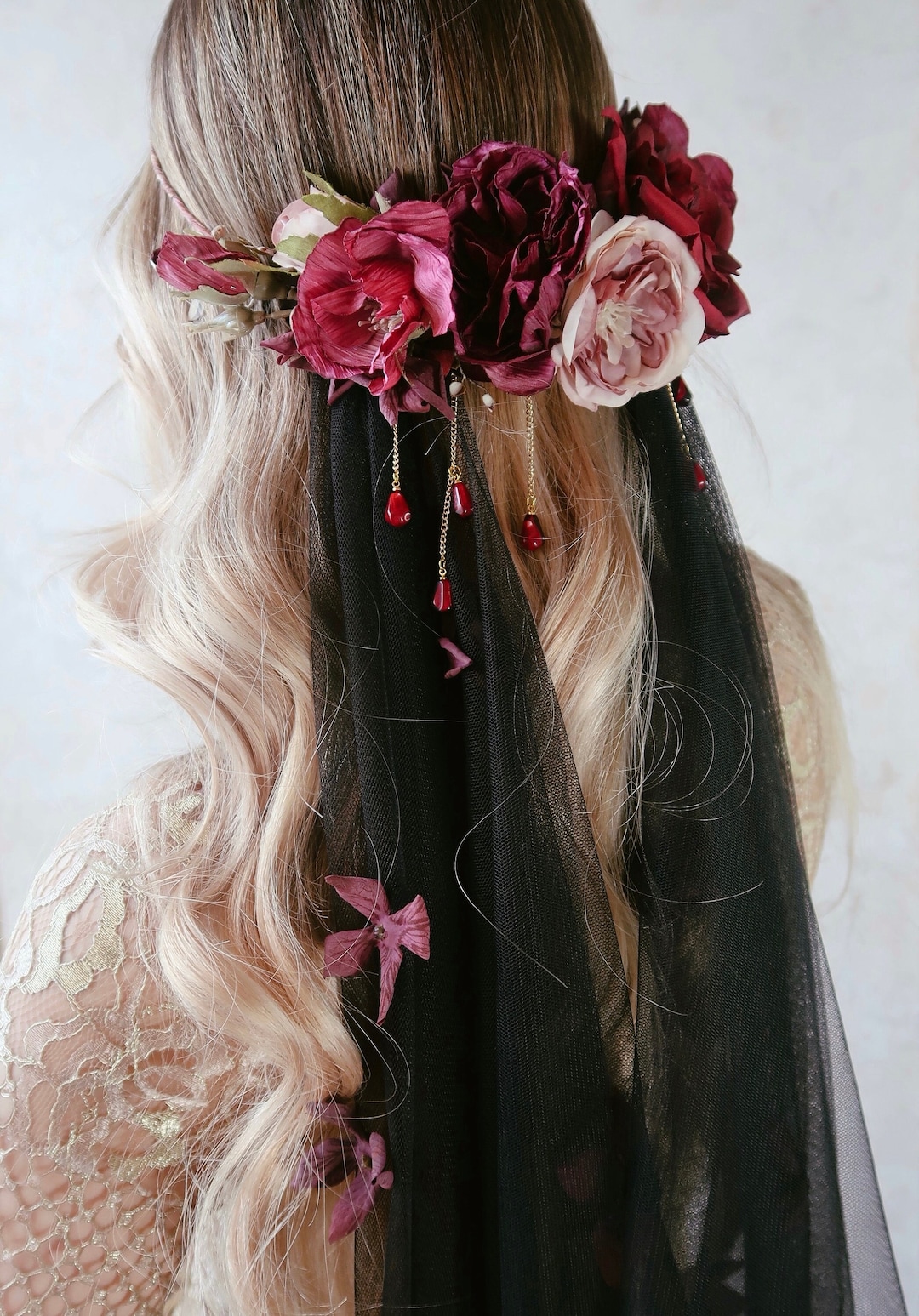 Persephone Crown With Veil, Black Wedding Veil, Burgundy Floral Crown ...