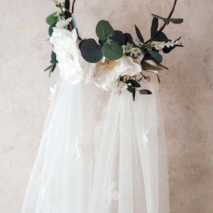 White Wedding Veil, Floral Crown Veil, Eucalyptus Flower Crown, Bridal Veil With Flowers, Boho ...