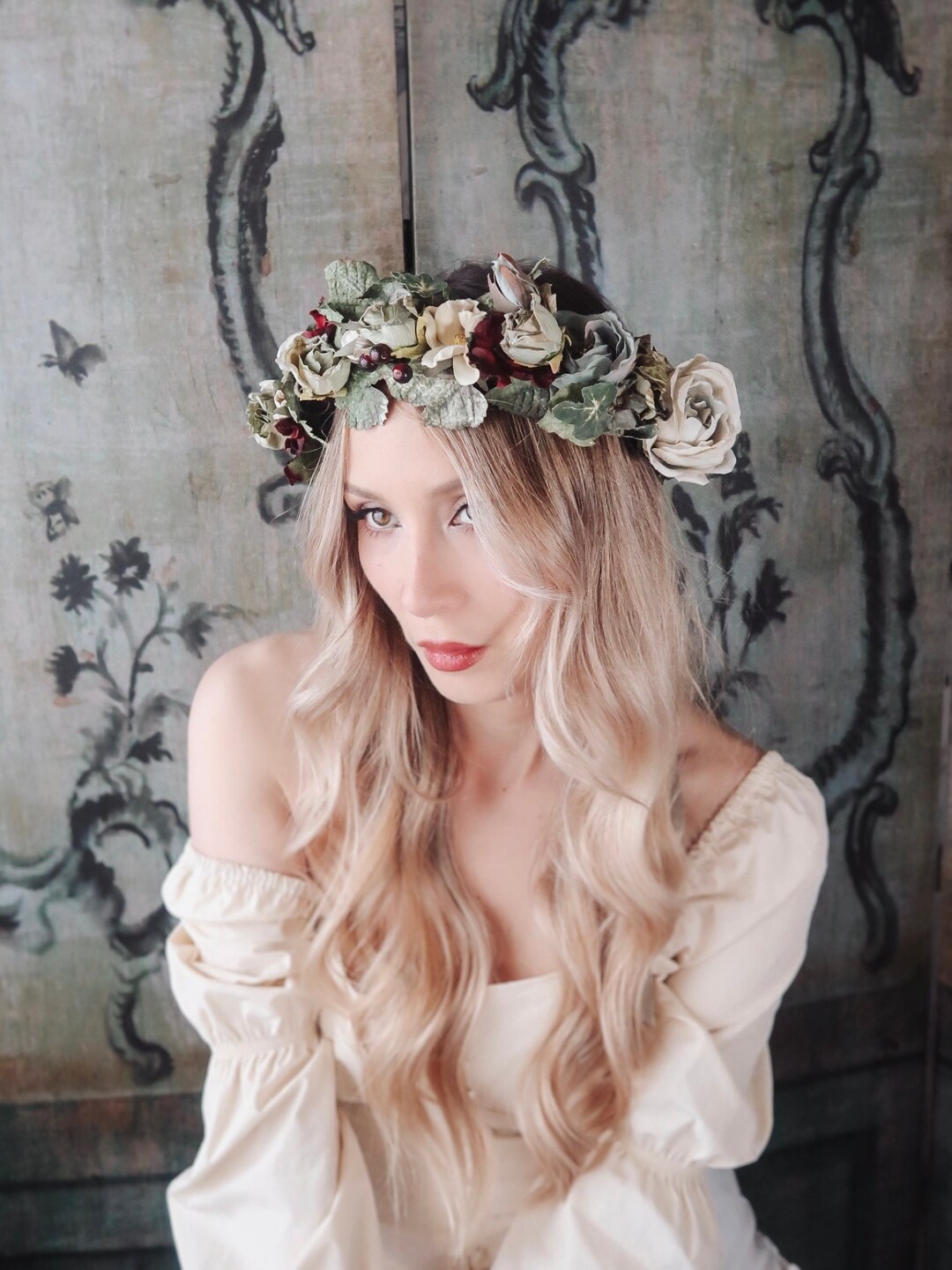 Woodland Headpiece Rustic Rose Flower Crown Green and - Etsy