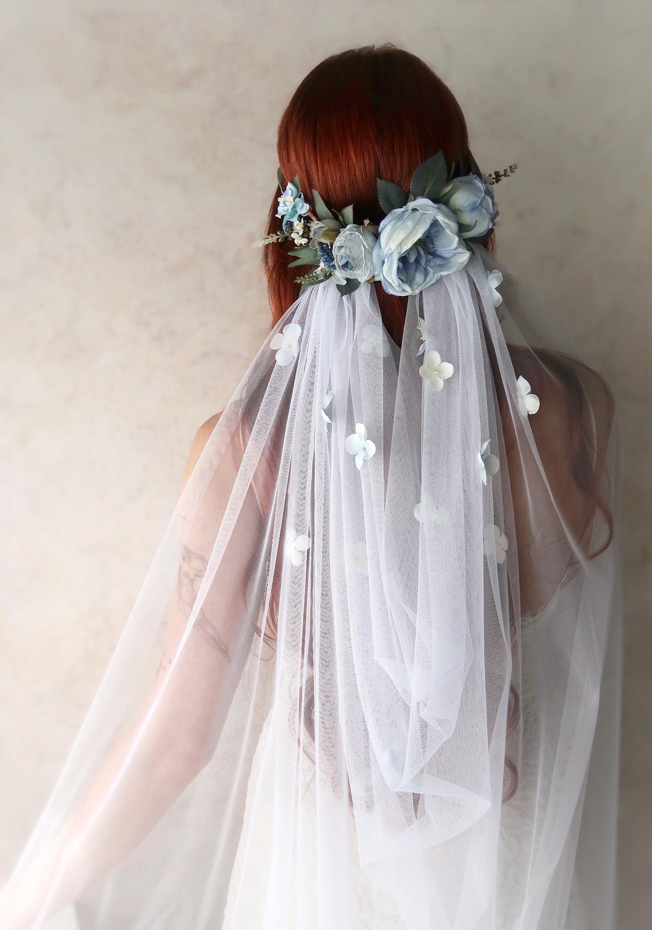 Bridal Flower Crown Veil, Blue Floral Veil, Cathedral Length Veil ...