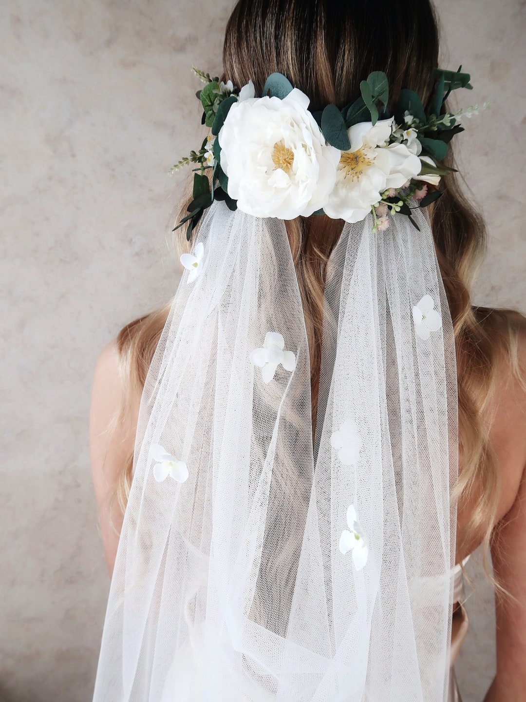 White Wedding Veil, Floral Crown Veil, Eucalyptus Flower Crown, Bridal Veil With Flowers, Boho ...