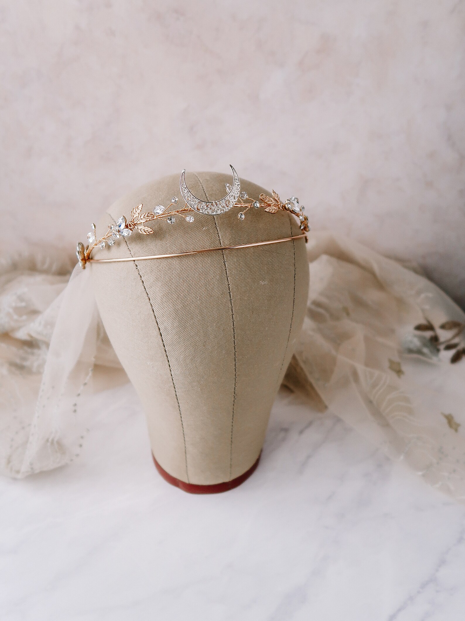 Crescent Moon Crown With Veil, Celestial Moon Tiara, Embroidered ...