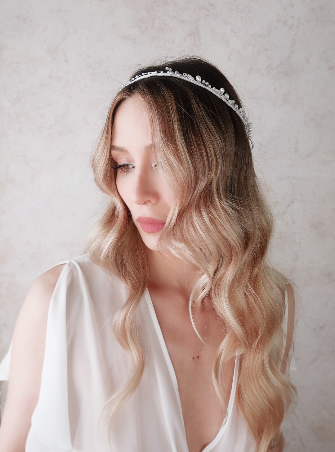Bridal Halo, Angelic Crown, White Pearl Circlet, Beaded Wedding ...
