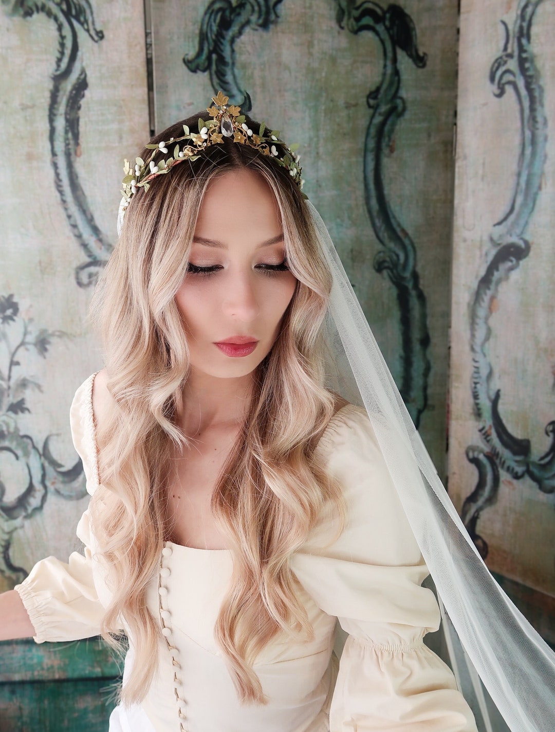 Medieval Wedding Crown, Gold Elven Crown, Crystal Headpiece, Woodland ...