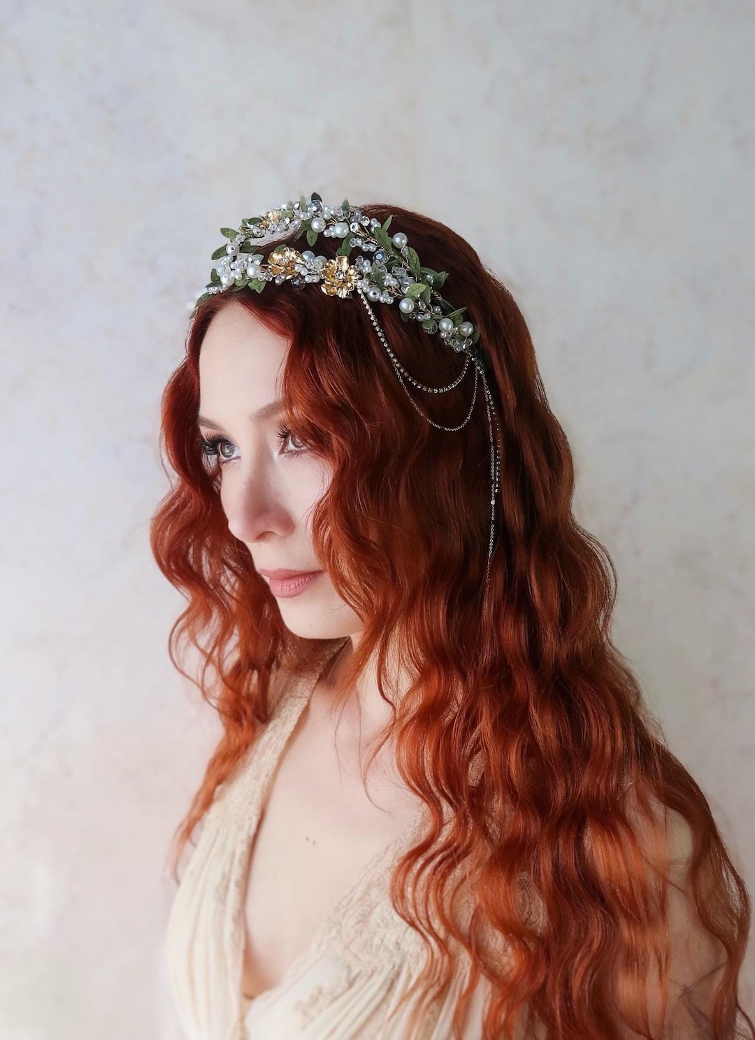 Pearl Gold Bridal Crown, Woodsy Leaf Tiara, Whimsical Bridal Crown ...