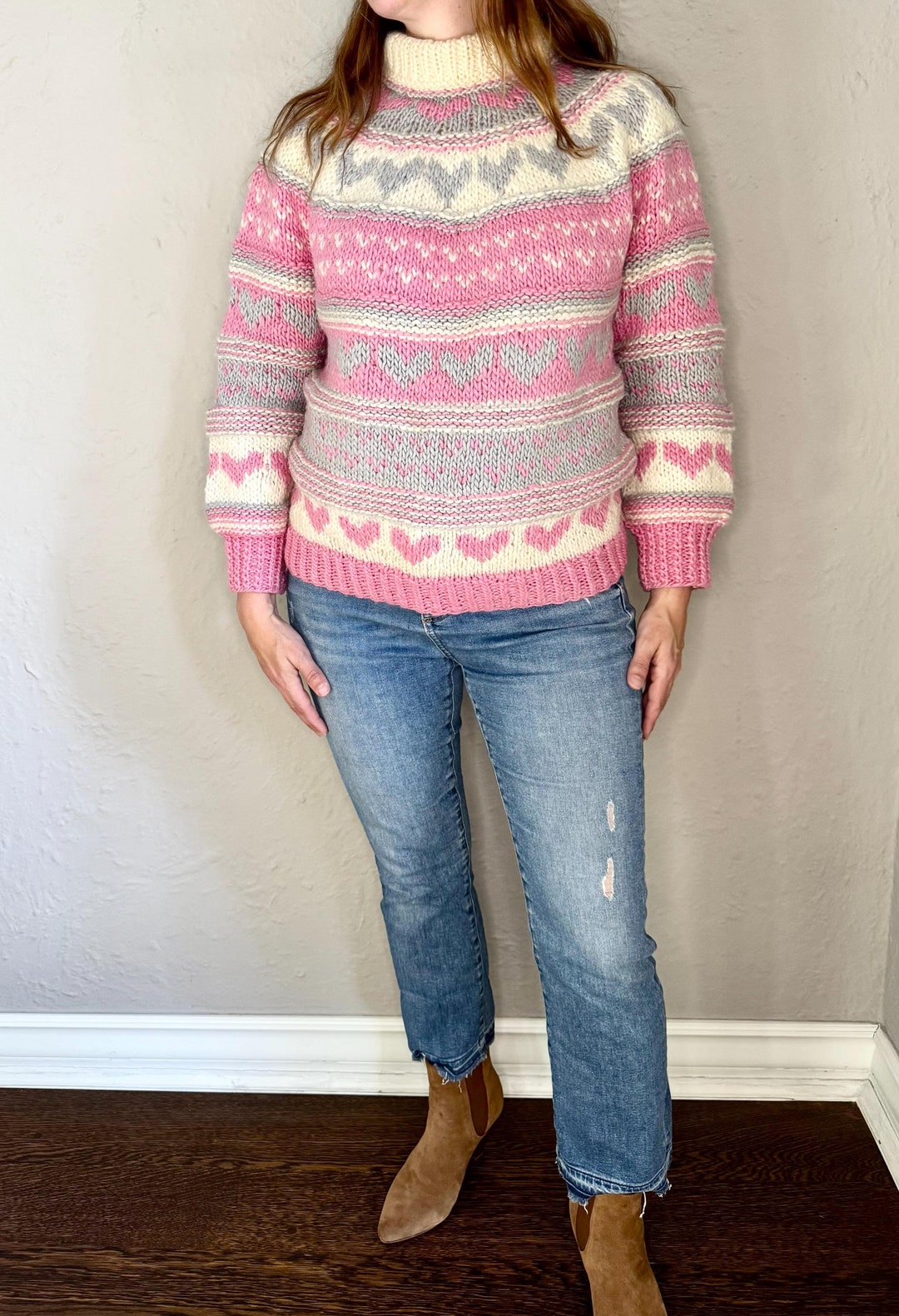 Vintage Scottish Wool Sweater Pink, Cream and Gray Hearts and Stripes ...