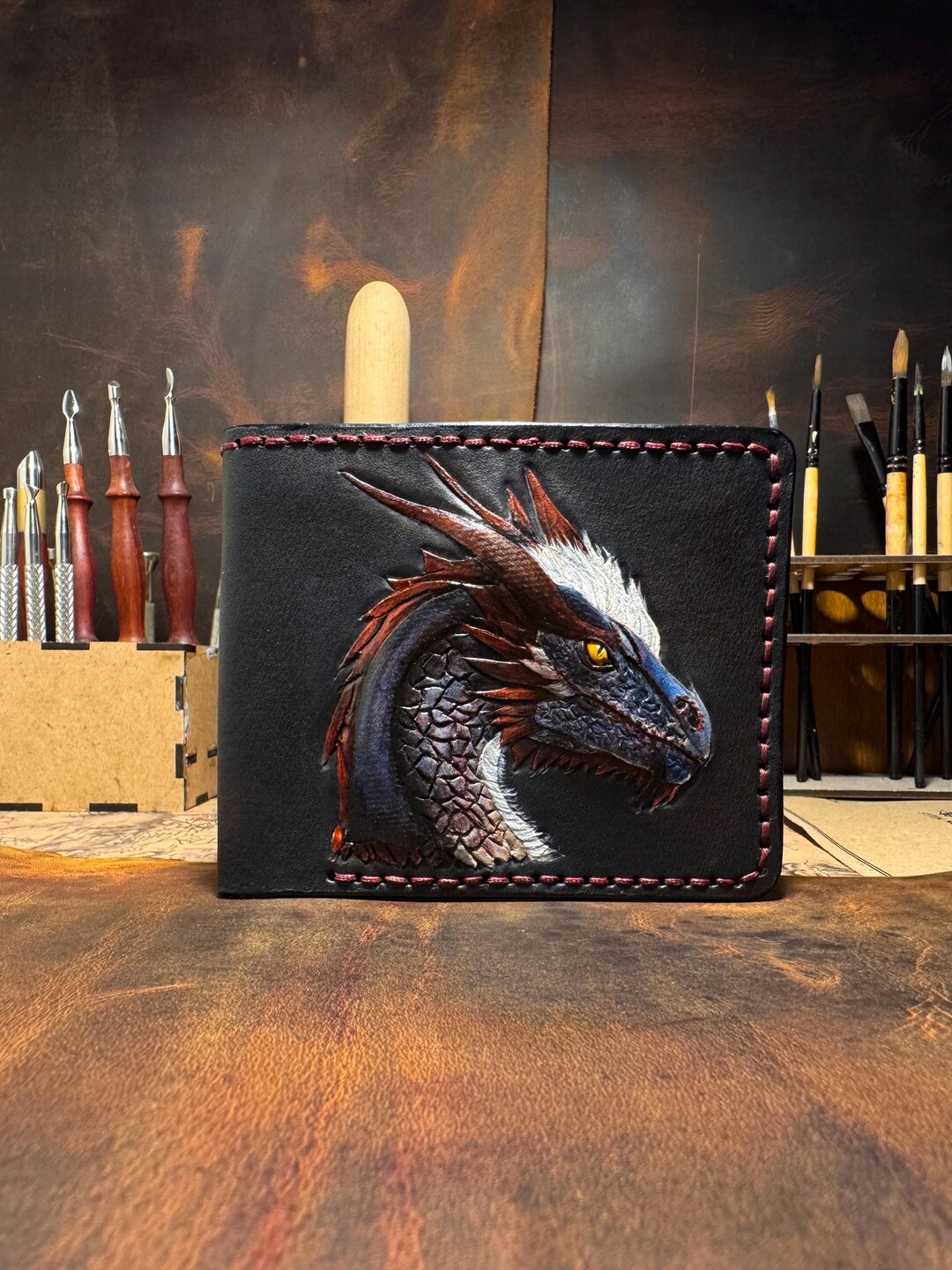 Leather Wallet, Dragon Wallet, Hand Tooled Leather Wallet, Mens Wallet ...