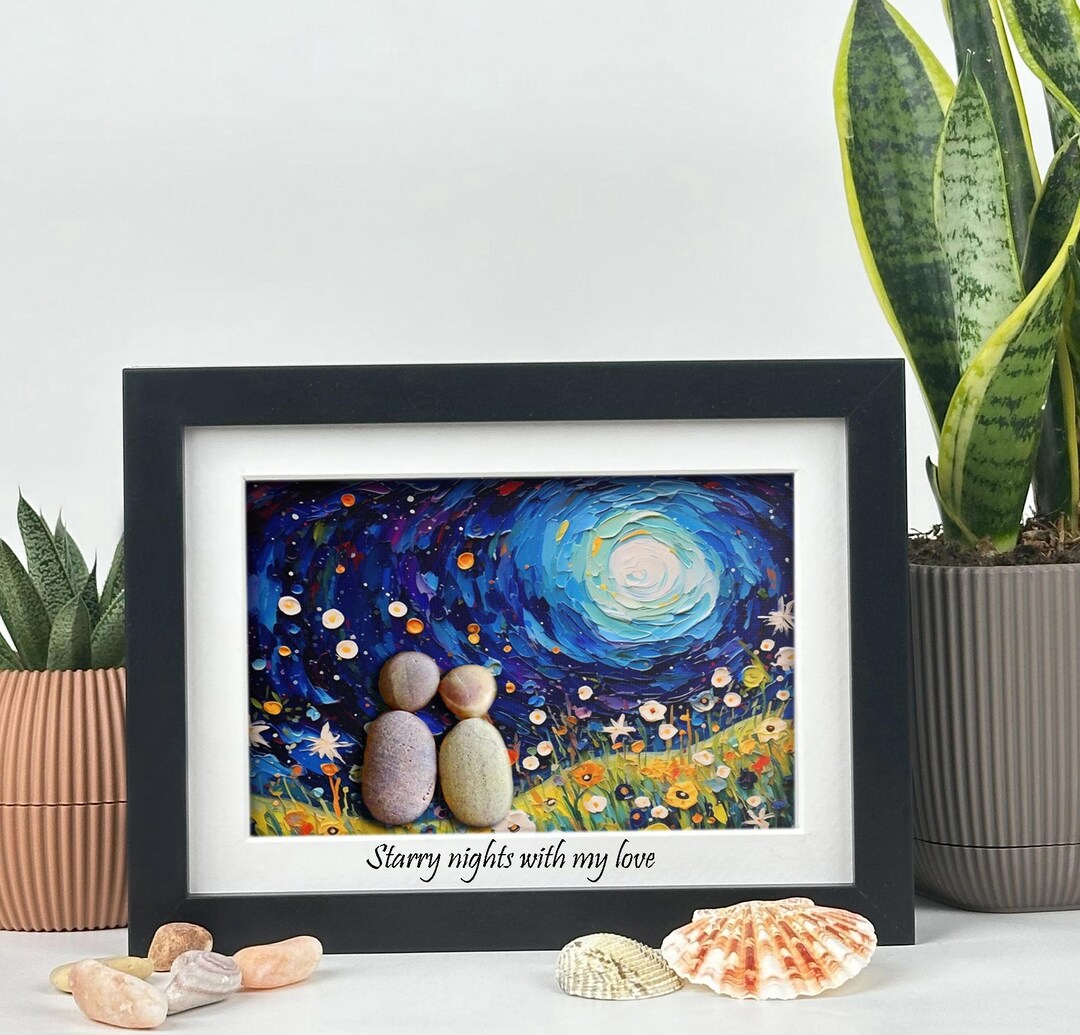 Starry Night Pebble Artwork, Framed Pebble Portrait Art, Small Acrylic ...
