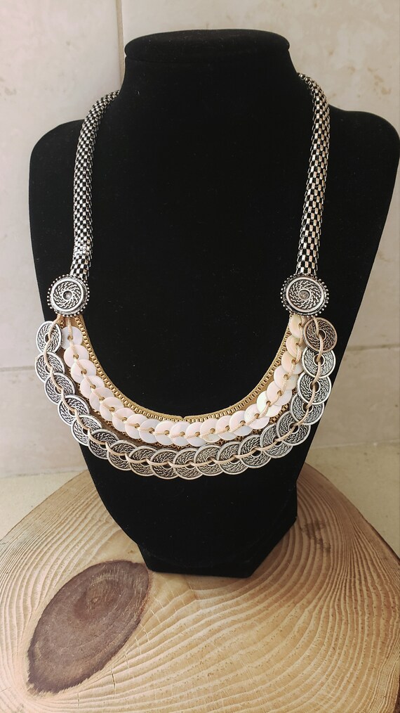 Two Tone Oxidized Silver Coin Mother of Pearl Bib Nec… - Gem