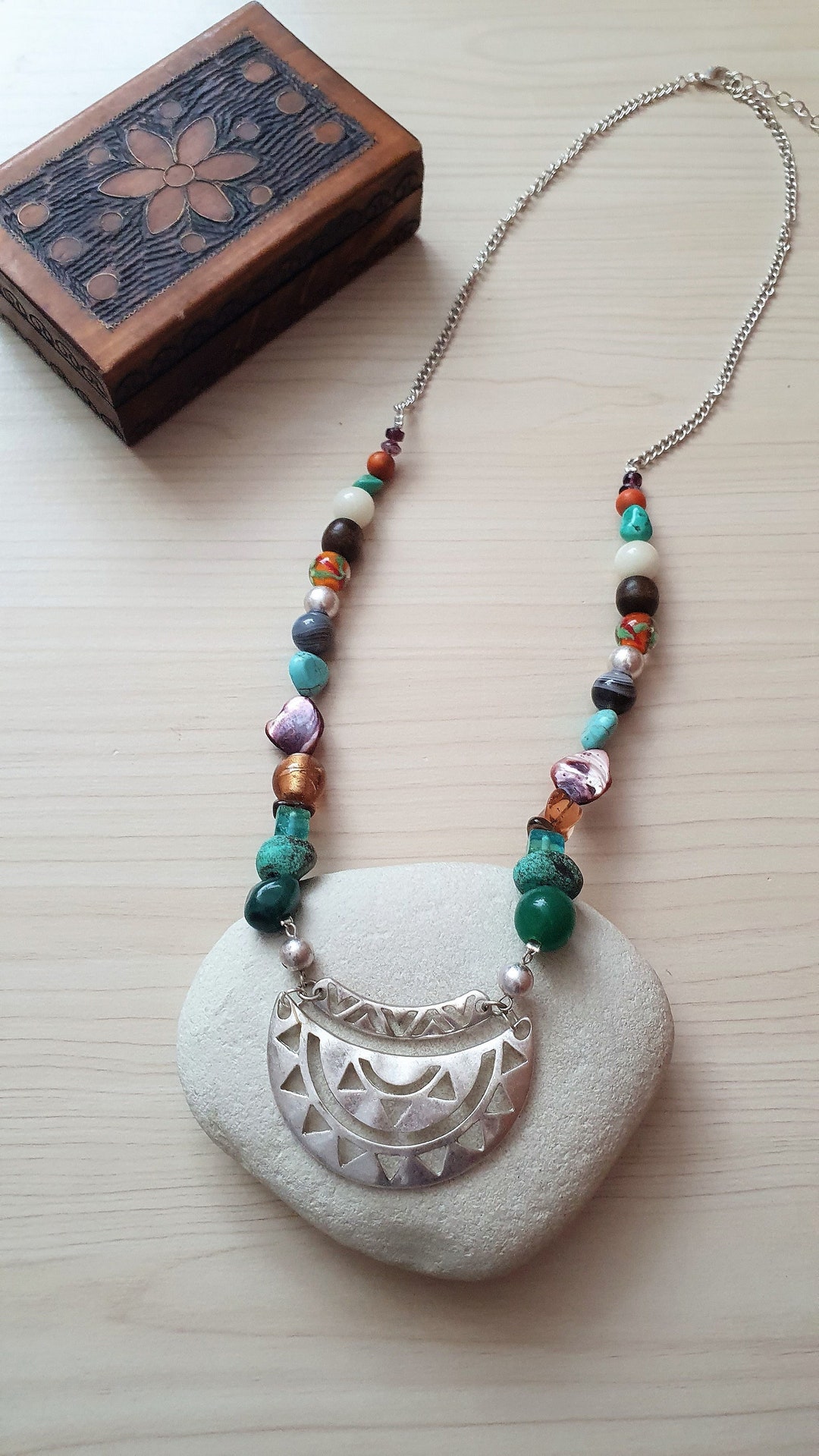 Aztec Style Agate Multi Gemstone Wood Murano Amulet Necklace. Ethnic ...