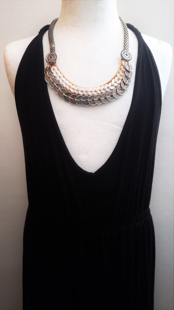 Two Tone Oxidized Silver Coin Mother of Pearl Bib Nec… - Gem